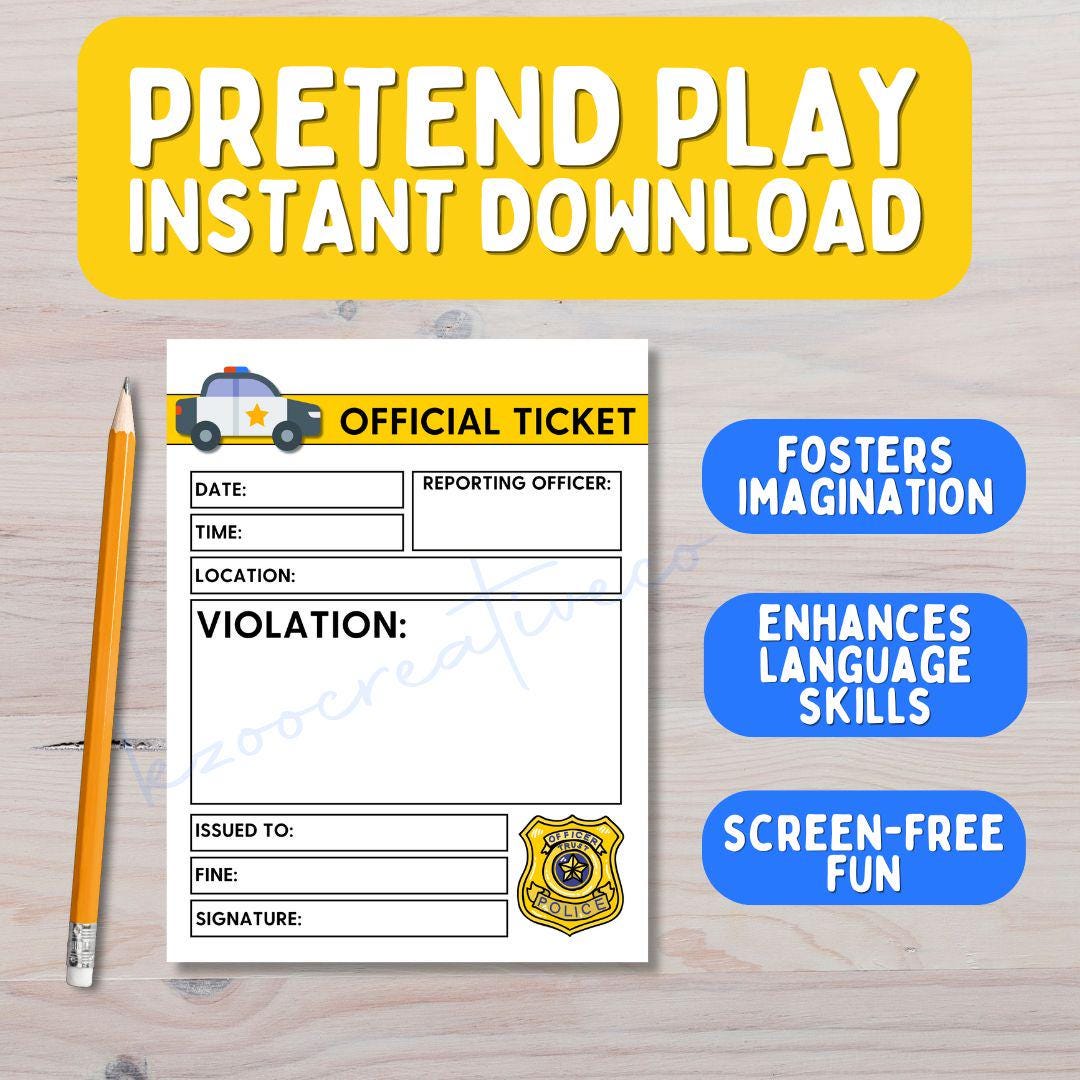 Pretend Police Ticket - Instant Download | Pretend Play | Imaginative ...