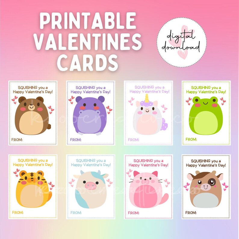 Printable Squish Valentine's Day Cards - Cute Kid's Valentines, School ...