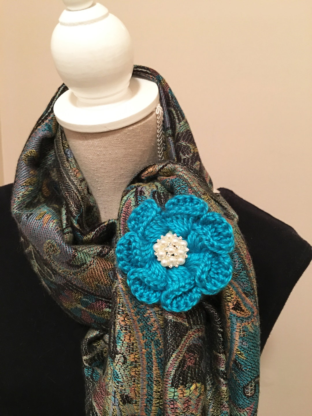 Crochet Flower Pin, Teal Blue Flower, Approx 3 Inch Diameter, Button ...