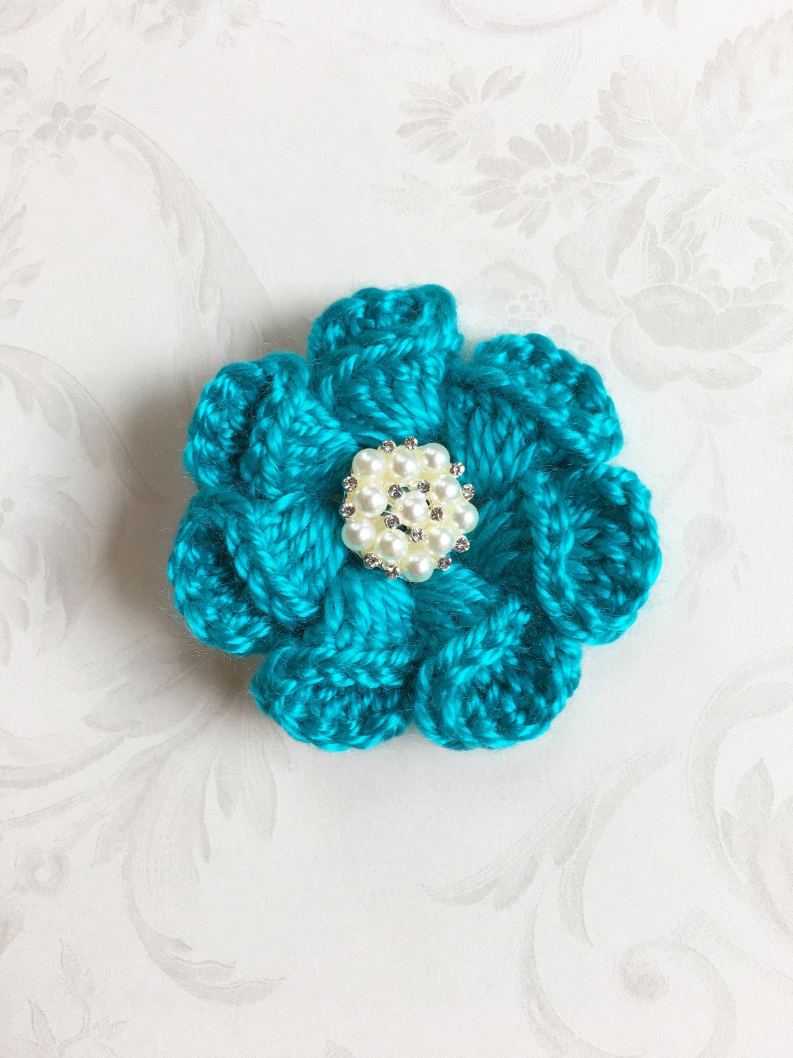 Crochet Flower Pin, Teal Blue Flower, Approx 3 Inch Diameter, Button ...