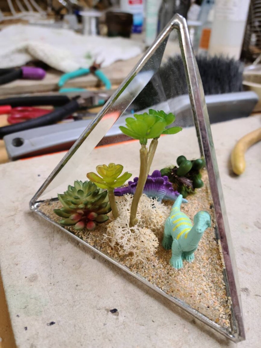 4 Inch Stained Glass Beveled Pyramid With Miniature Dinosaur Scene ...