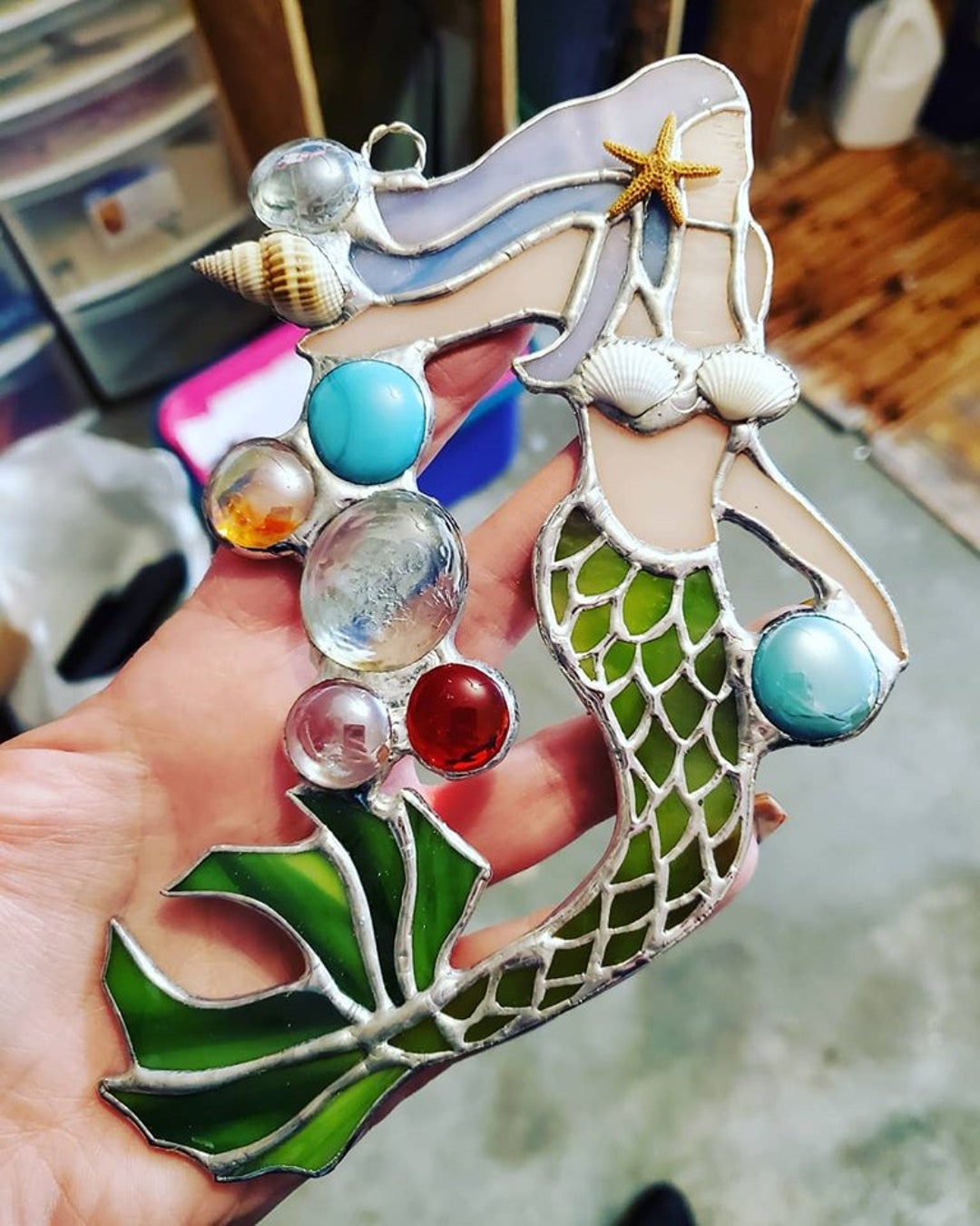 Stained Glass Mermaid With Real Sea Shell and Glass Gem Accents. - Etsy