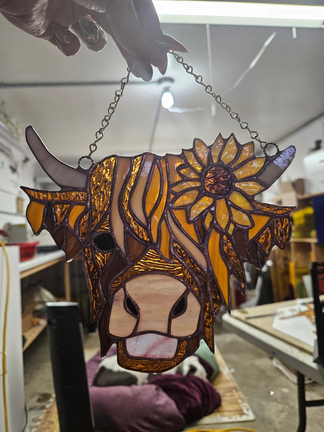 Stained Glass Highland Cow With Sunflower - Etsy