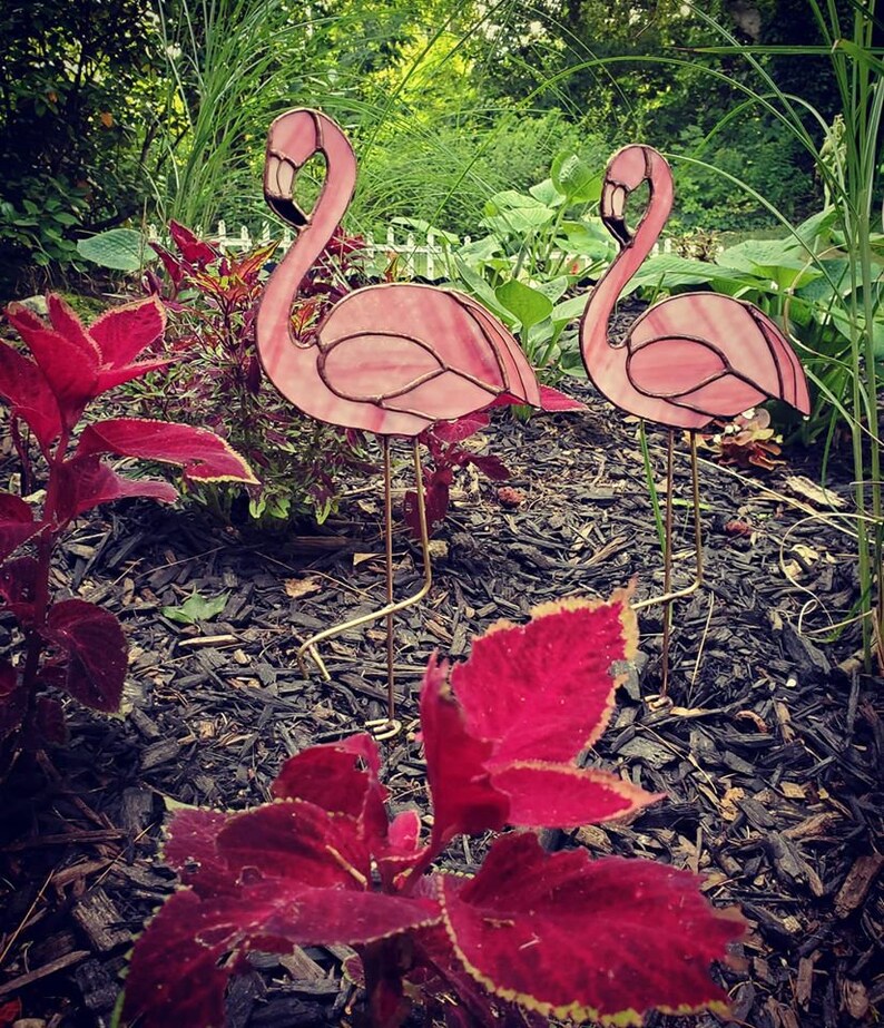 Ooak Stained Glass Pink Flamingo Garden Stake Etsy