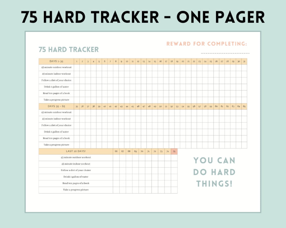 75 Hard Challenge Tracker Printable US Letter Size Instant Download PDF ...