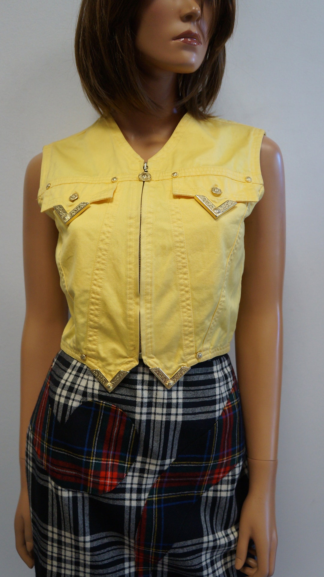 Vintage Versace Jeans Couture Yellow Denim Vest With Gold Medusa ...