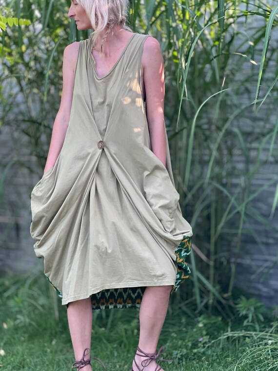 Vintage Olive Green Hippie Dress – Indian Cotton Ghun… - Gem