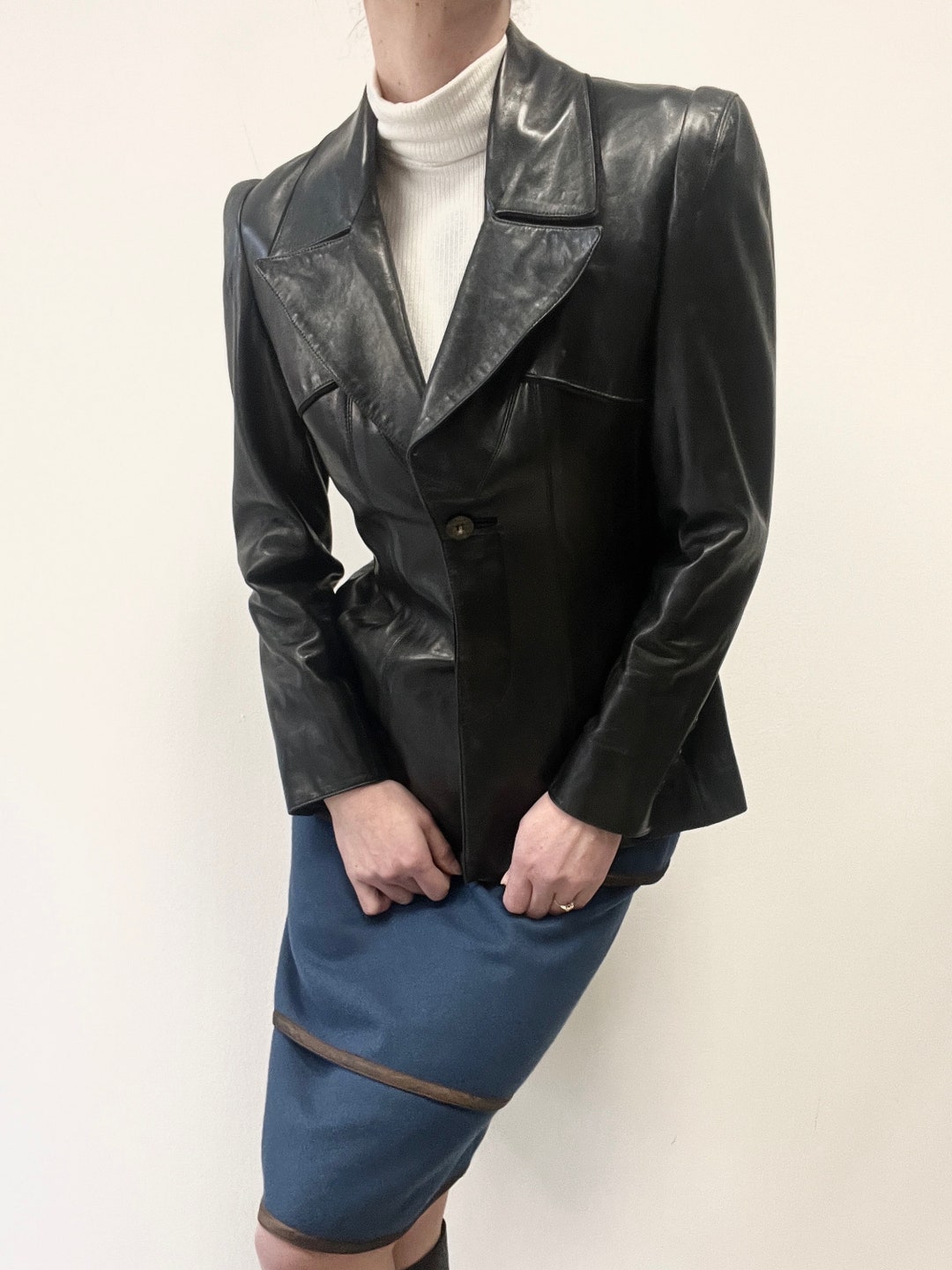Karl Lagerfeld Leather Jacket, Black Vintage Leather Blazer, Logged ...
