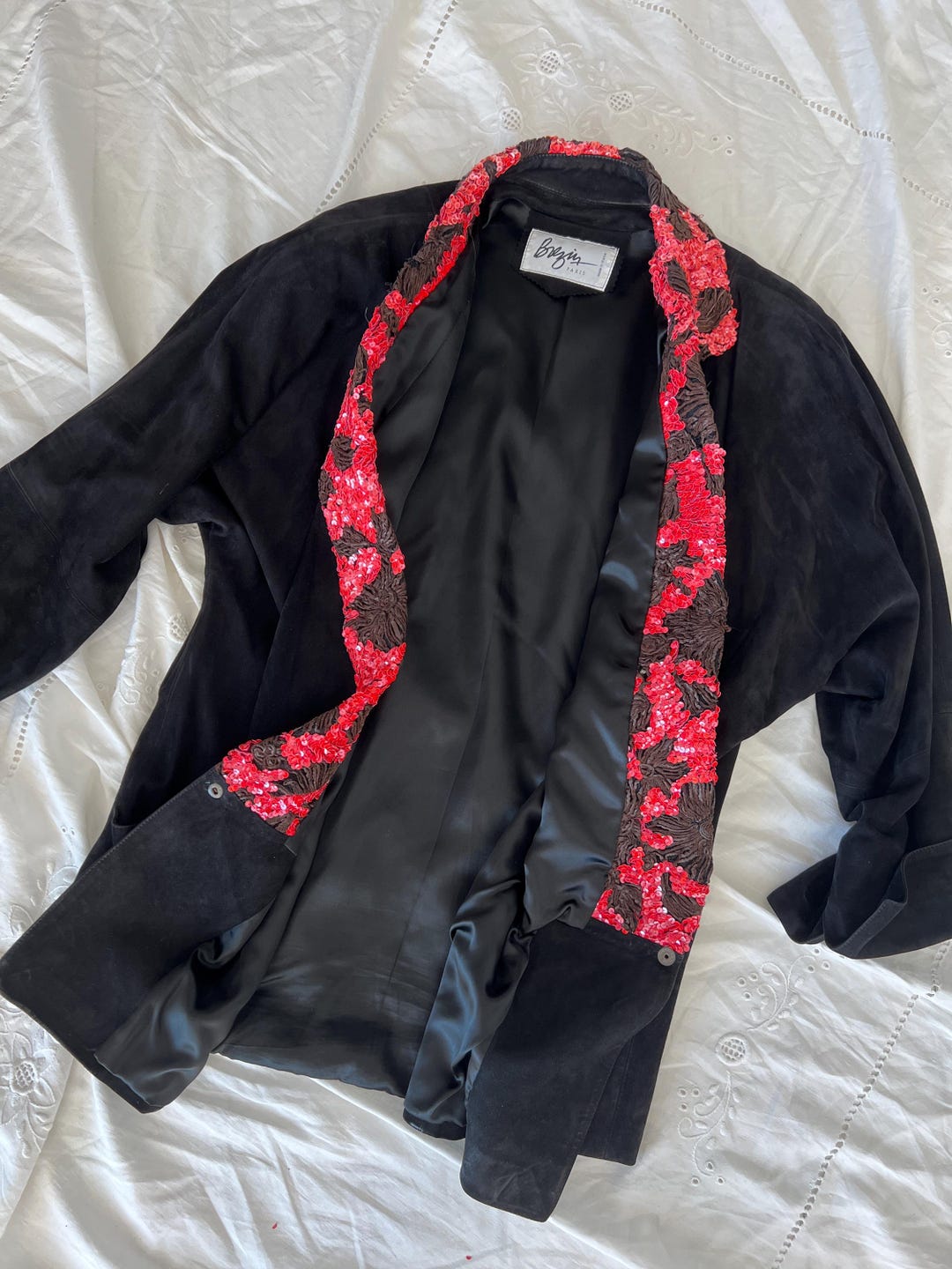 Vintage BREZIN PARIS Nubuck Leather Jacket: 80s Sequin Batwing - Etsy