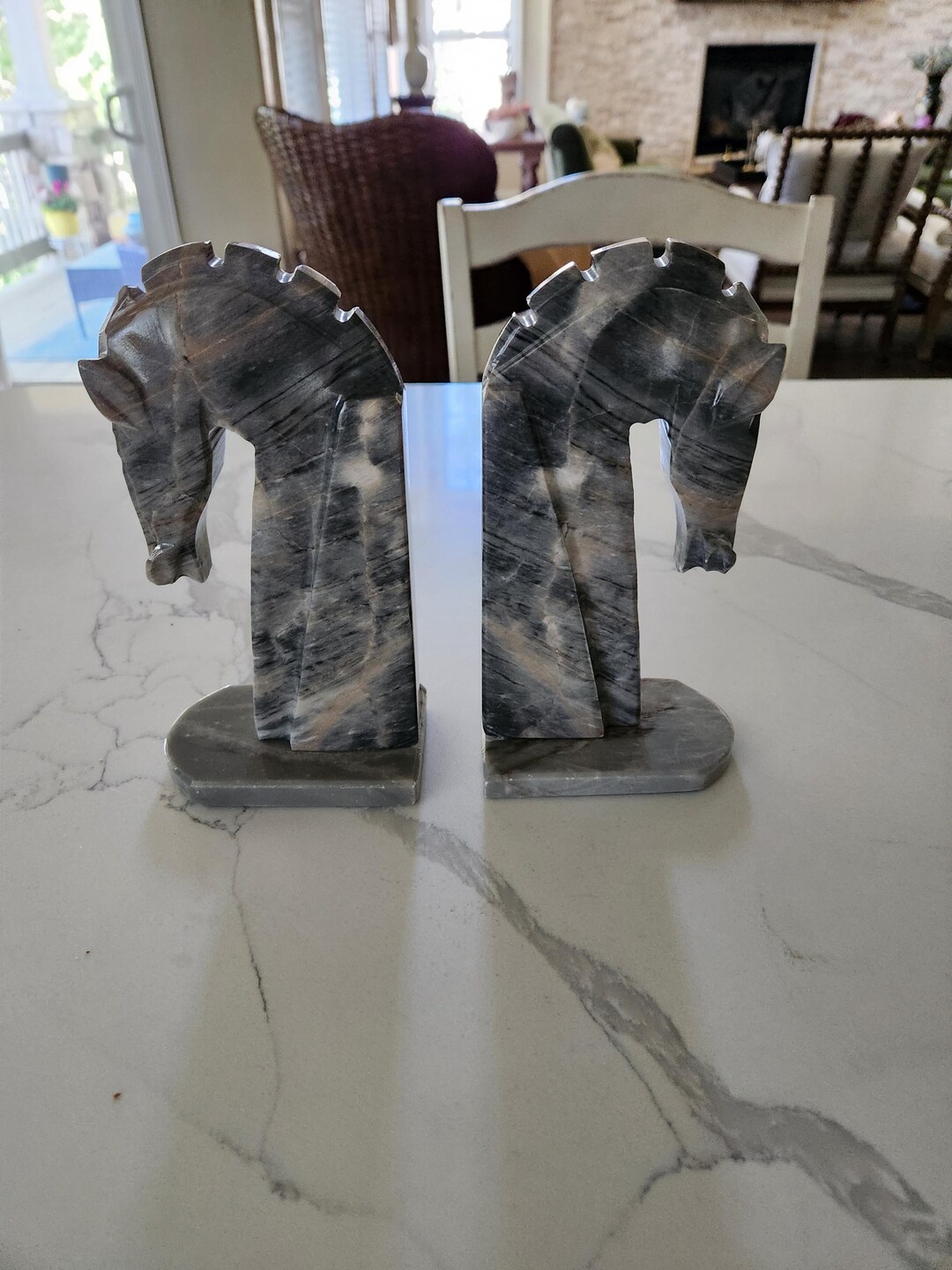 Vintage Chess Knight Horse Head Picasso Jasper Marble Stone Bookends ...