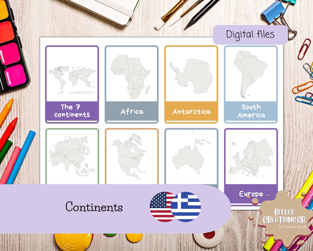 GREEK and ENGLISH Flash Cards With the Continents. Printable Cards for ...