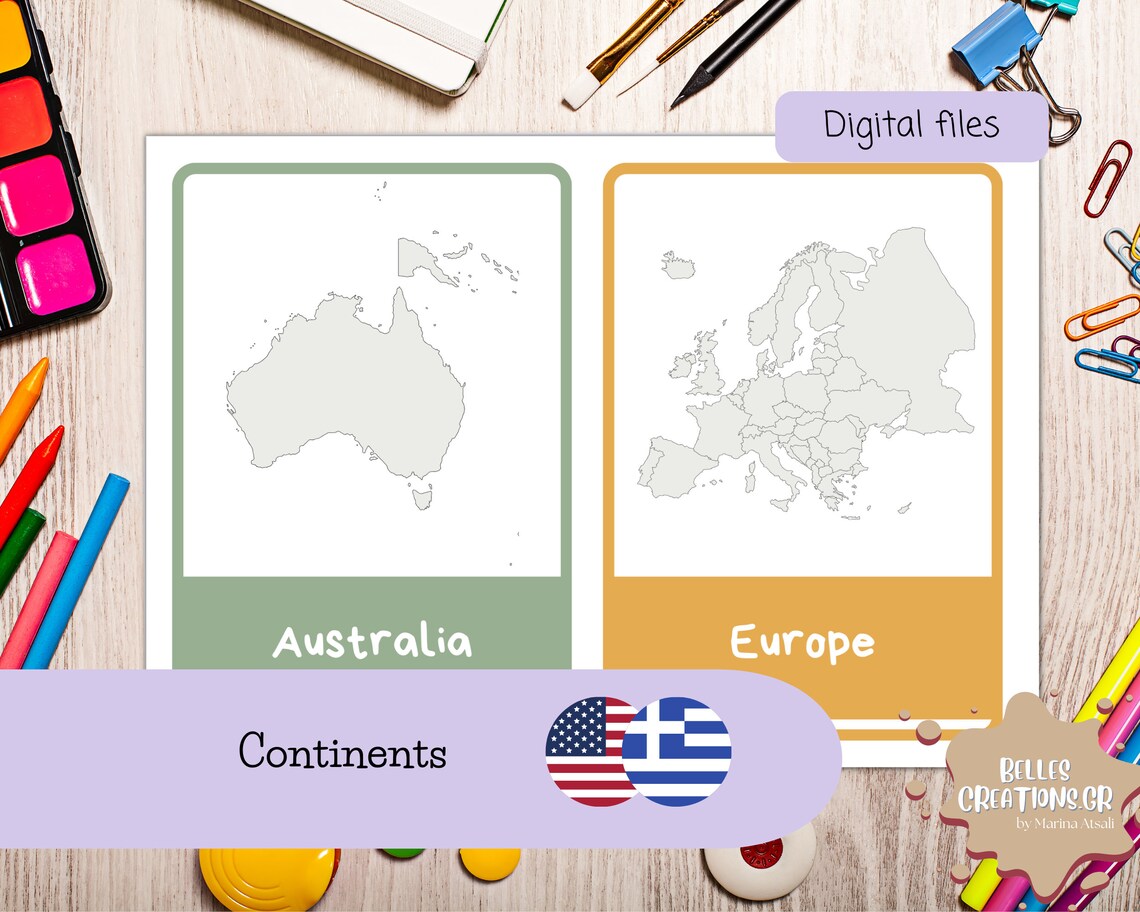 GREEK and ENGLISH Flash Cards With the Continents. Printable Cards for ...