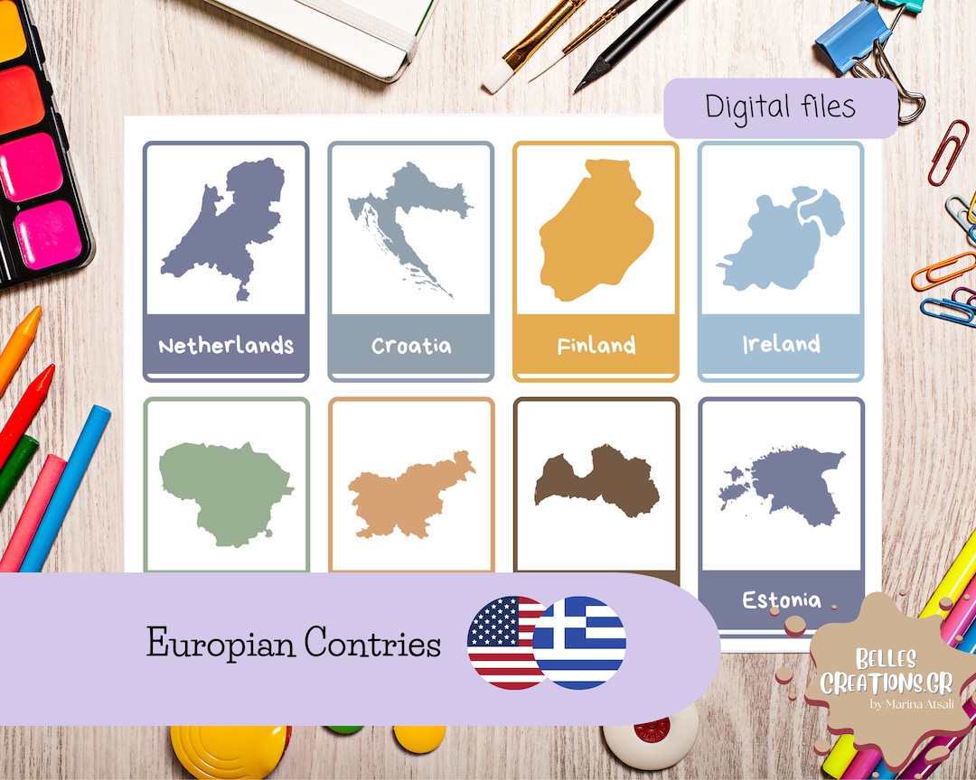 GREEK and ENGLISH Flash Cards With the European Countries. Printable ...