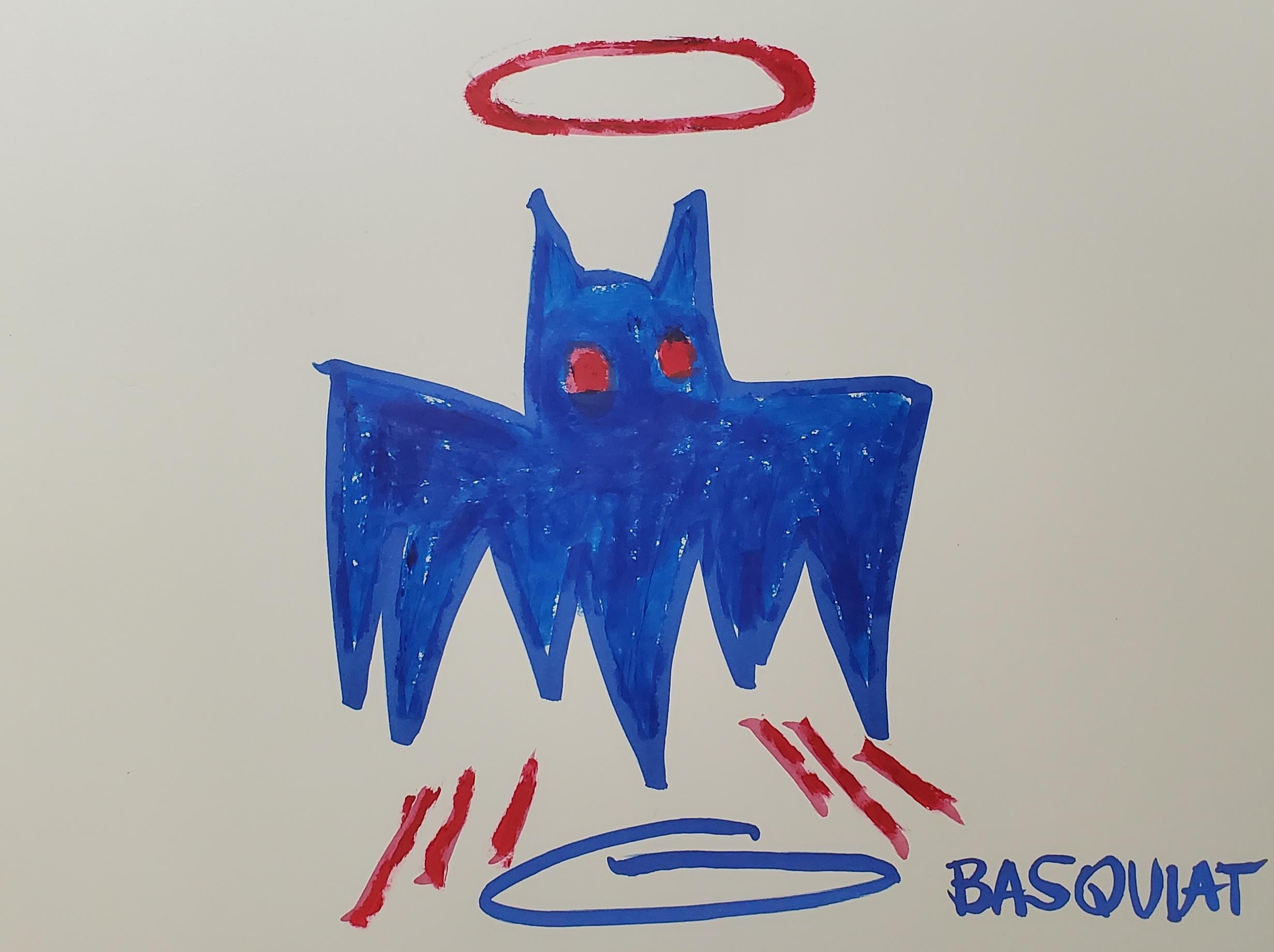 JMB Blue Bat Drawing Artwork, Basquiat Drawing, Mixed Media Artwork ...