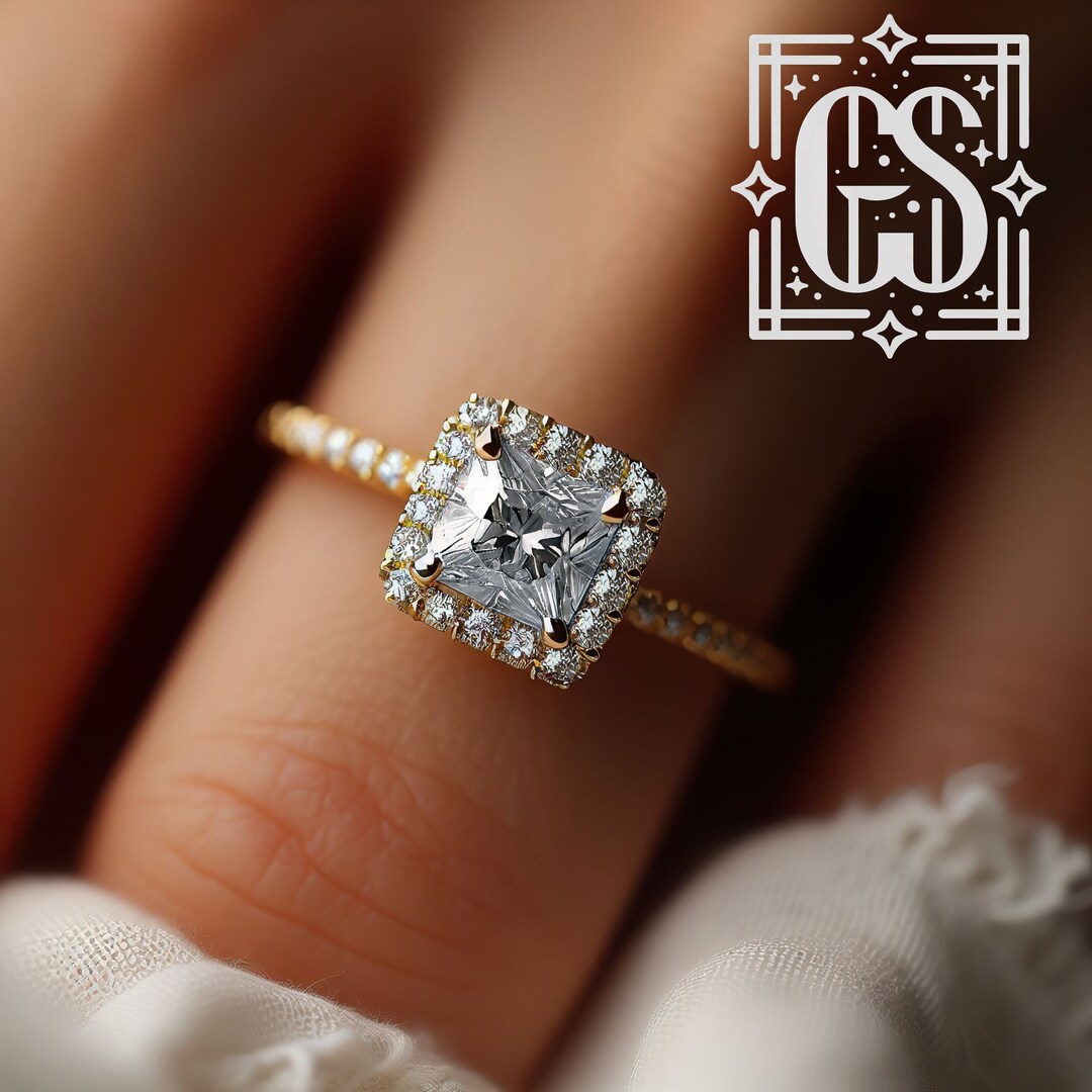 14k Yellow Gold Diamond Halo Engagement Ring Gold Lab Grown Diamond ...