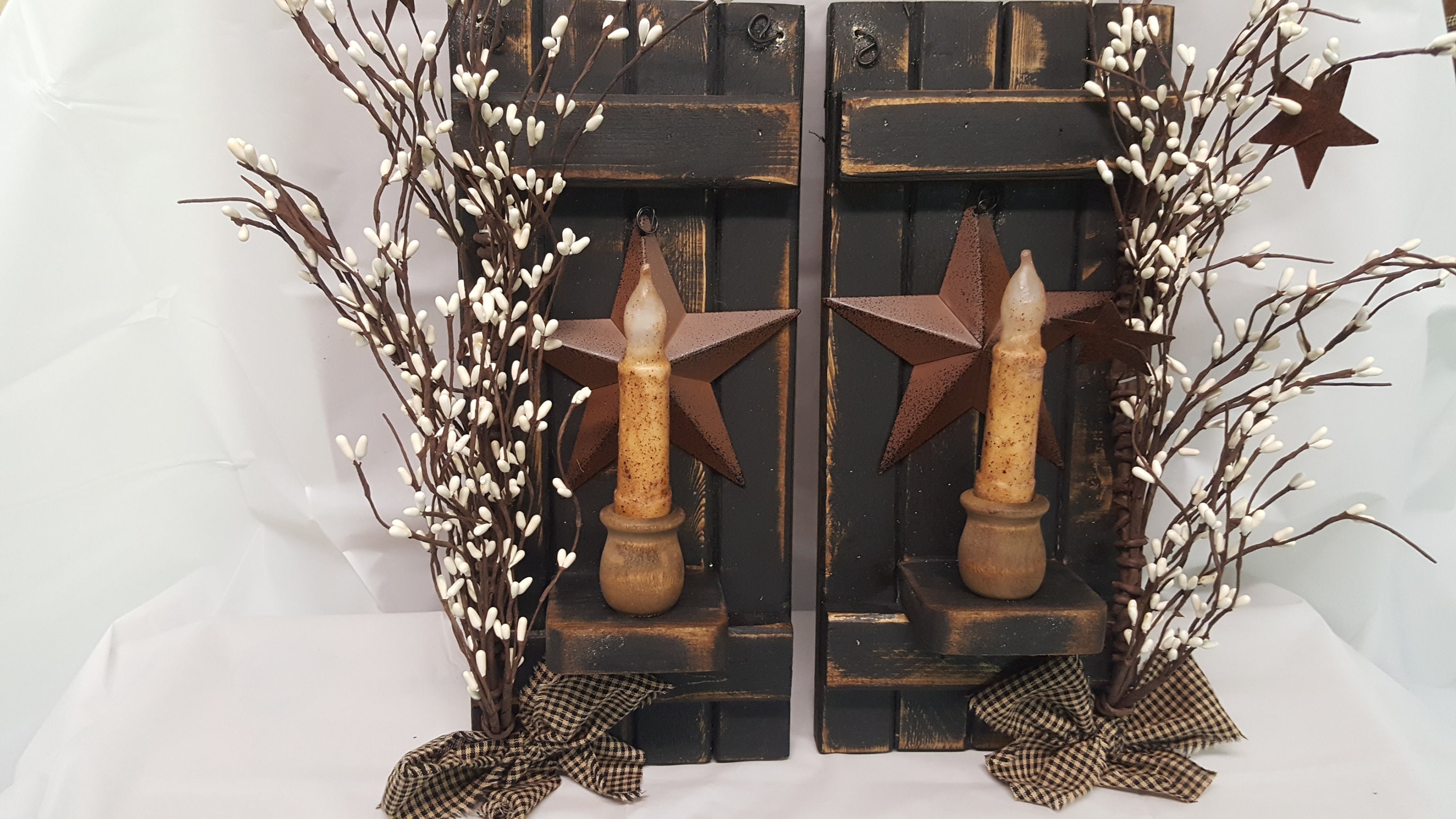 Primitive Wall Sconces With White Berries set | Etsy