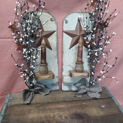Primitive Wall Sconces With White Berries set | Etsy