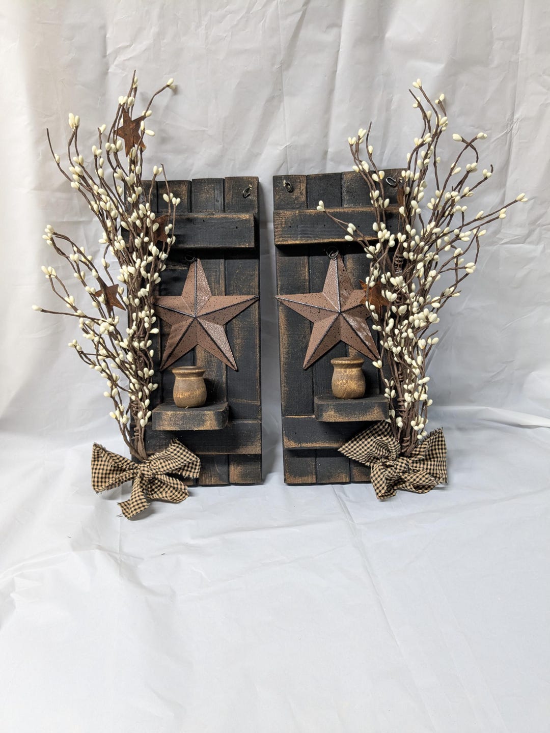 Primitive Wall Sconces With White Berries (set) (tapers NOT Included ...