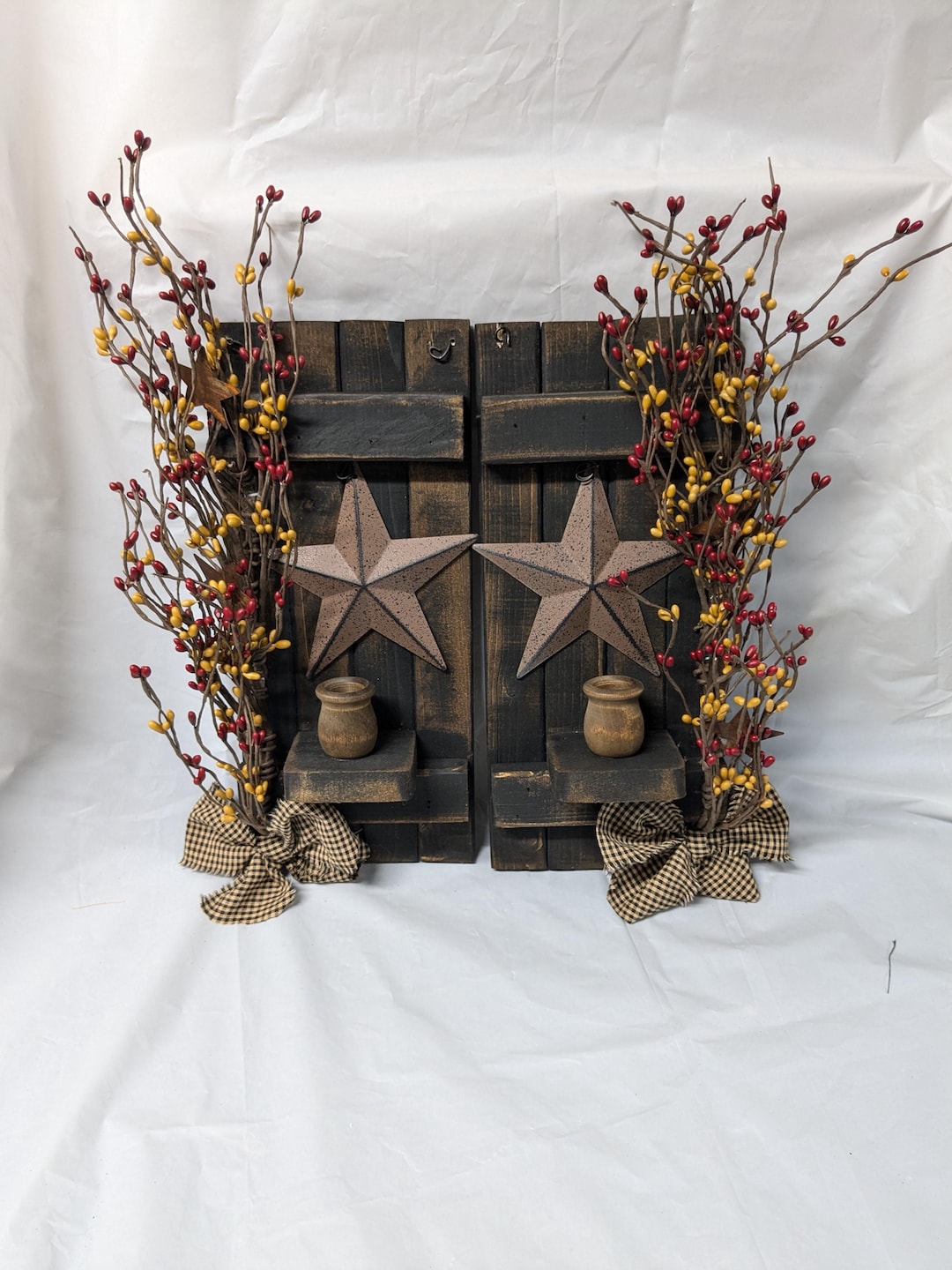 Primitive Wall Sconces With Burgundy/gold Berries (tapers NOT Included ...