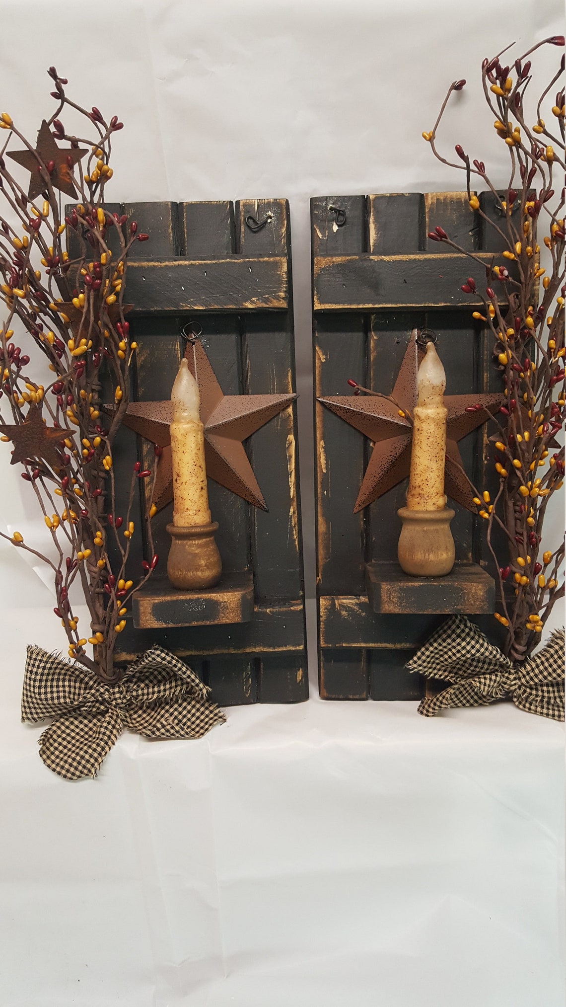 Primitive Wall Sconces With Burgundy/gold Berries - Etsy
