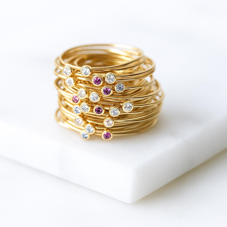 Tiny Gold Filled Stone Ring, Thin 1mm Gold Stacking Ring, Dainty ...