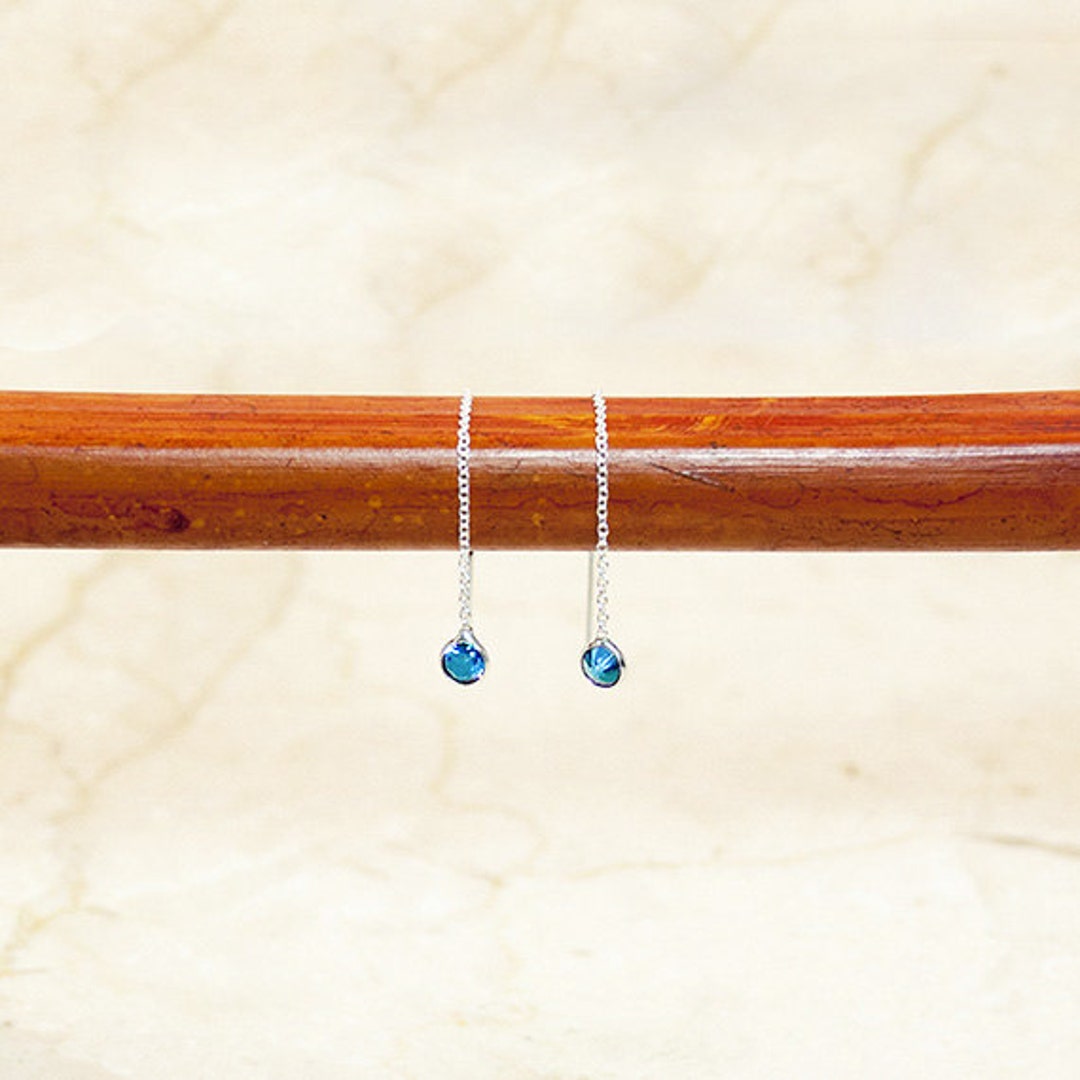 Sterling Silver Tiny Aquamarine Glass Threader Earrings, Dangle Earring ...