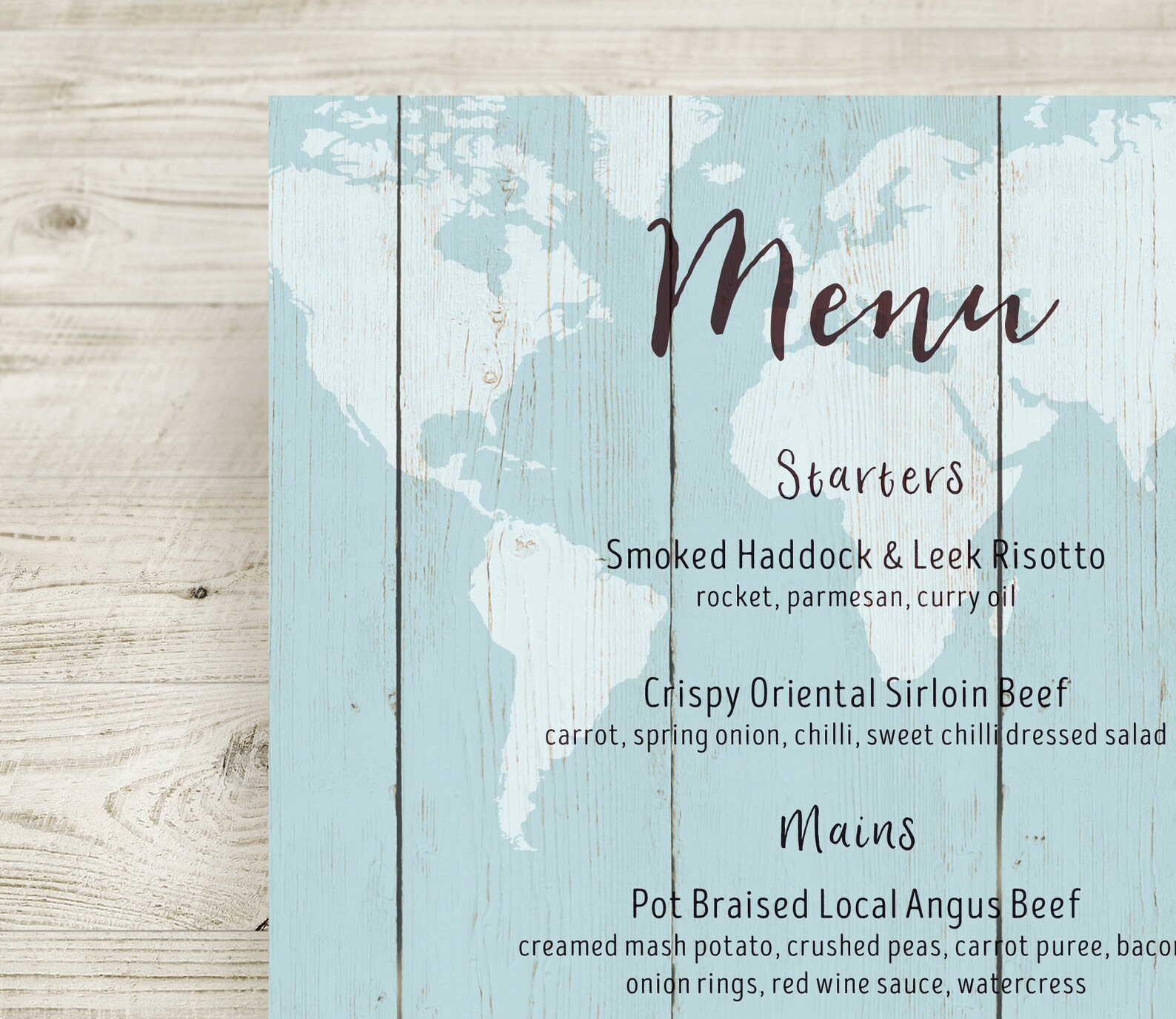 Blue Wedding Menus, Travel Theme Menu, World Map Menu, Rustic Wedding ...