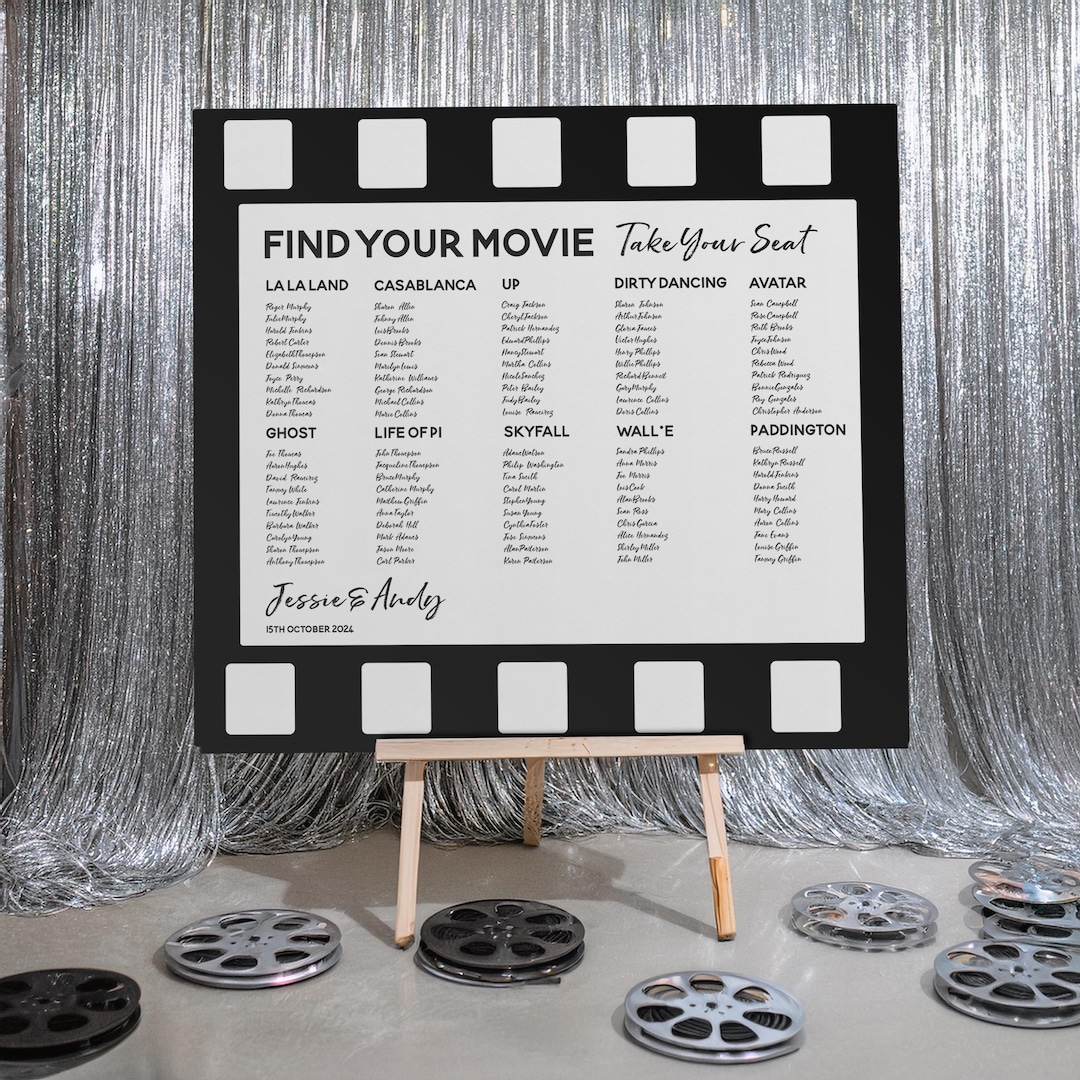 Movie Theme Wedding, Retro Table Plan, Film Seating Chart, Movie Theme ...