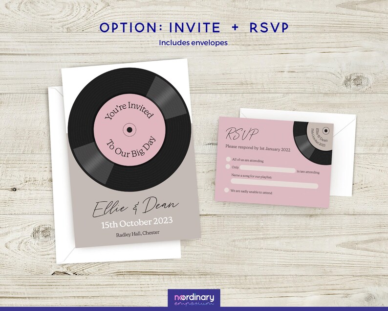 Music Theme Wedding Invitations, Rock Wedding, Record Invites, Retro ...