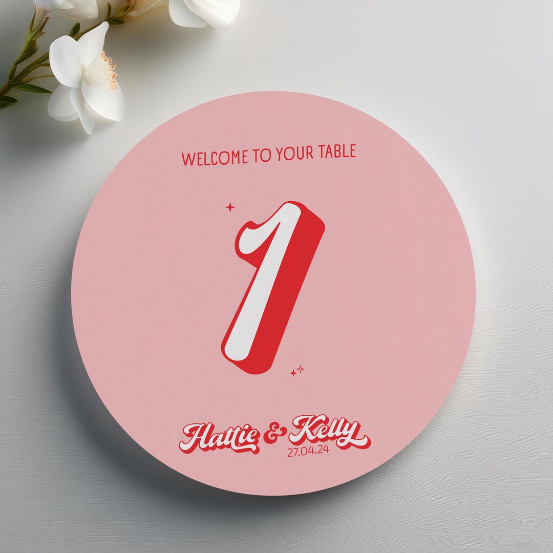 Retro Table Number Cards, Pink Red Theme Wedding, Round Table Name ...