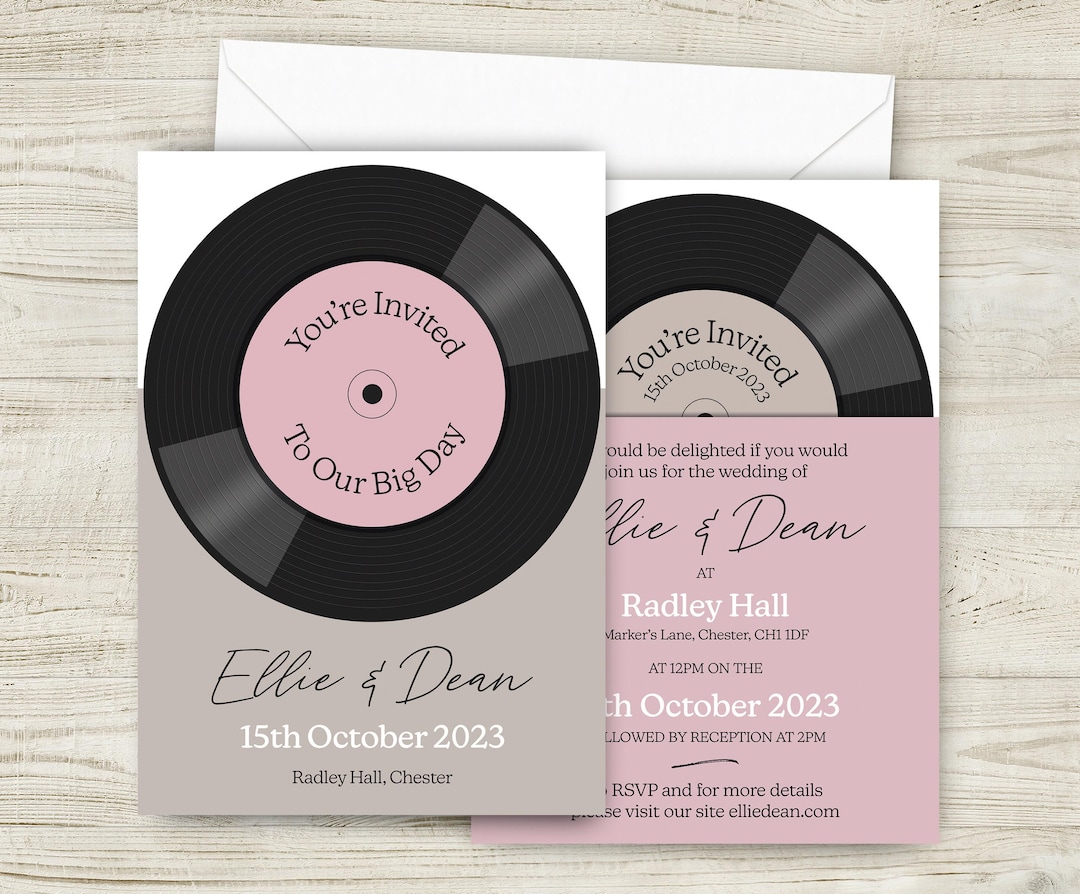 Music Theme Wedding Invitations, Rock Wedding, Record Invites, Retro ...