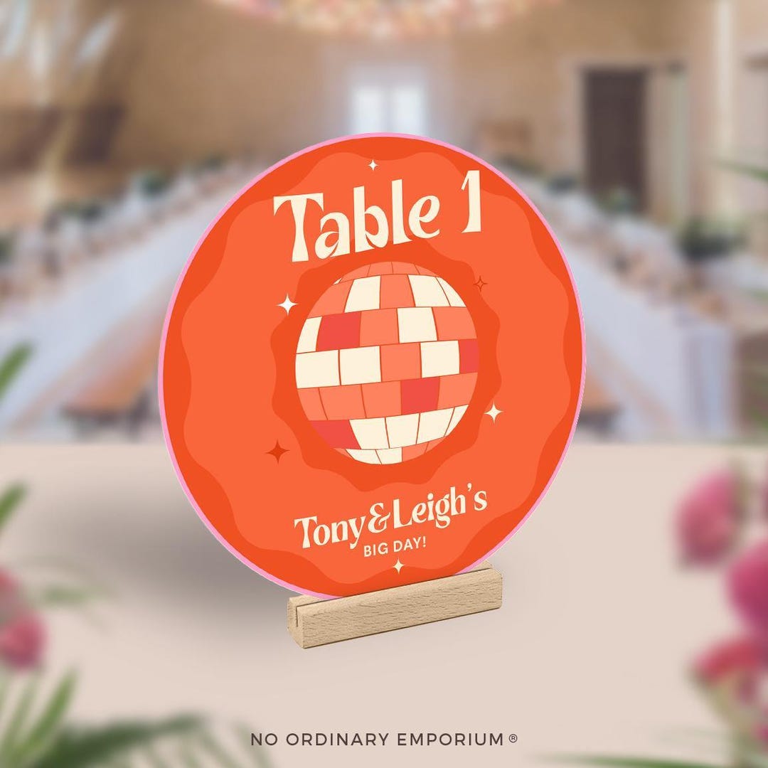 Disco Table Cards, Retro Wedding Table Names, Groovy Table Signs, Round ...