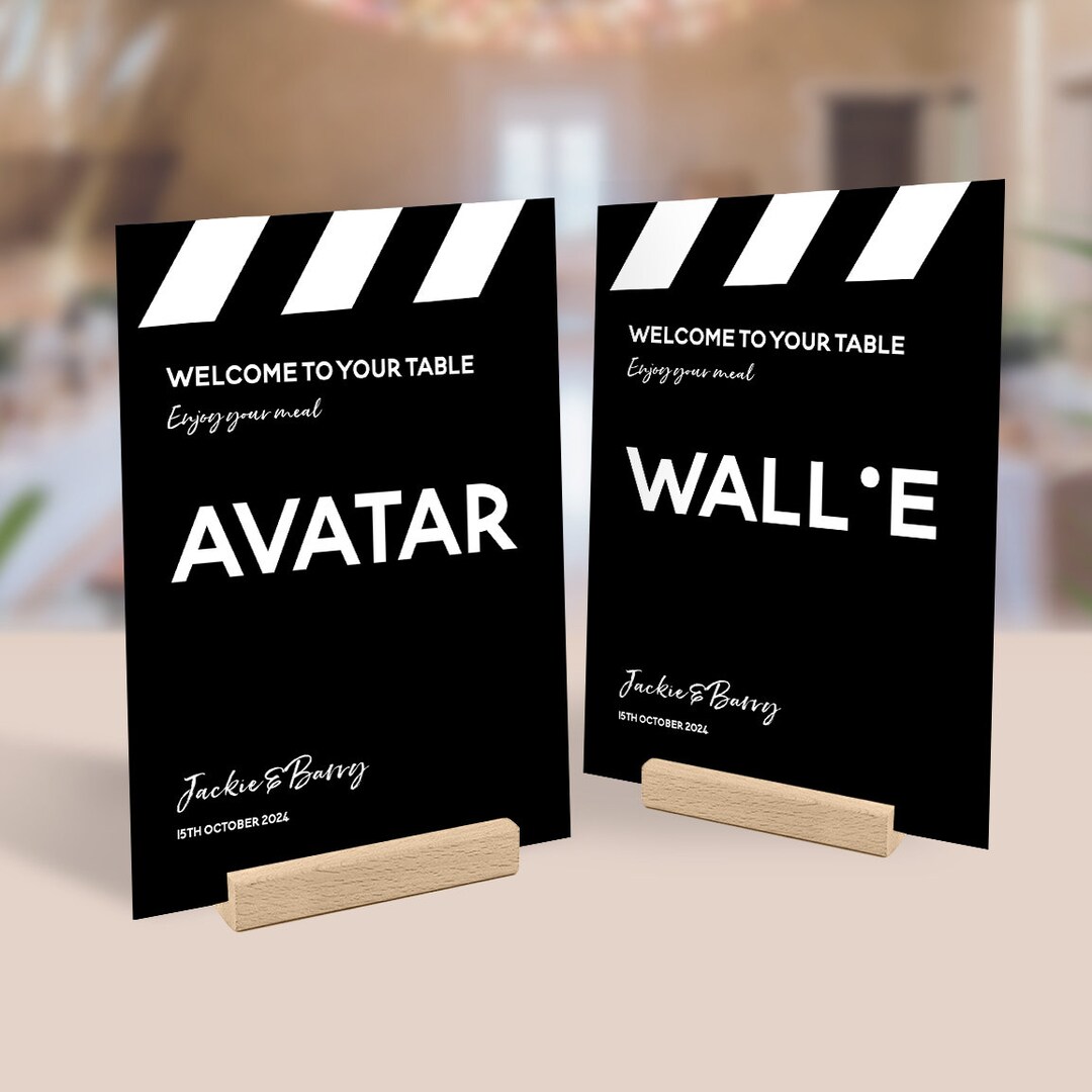 Movie Theme Wedding Table Name Cards, Retro Table Numbers, Film Theme ...