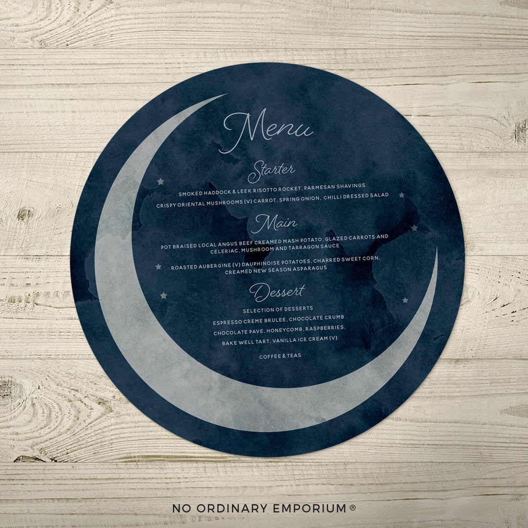Moon and Stars Wedding Menus, Celestial Theme Food Menu Cards, Starry ...
