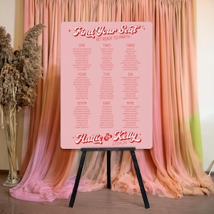 Pink Red Retro Wedding Seating Chart Sign, Disco Table Plan, Groovy ...