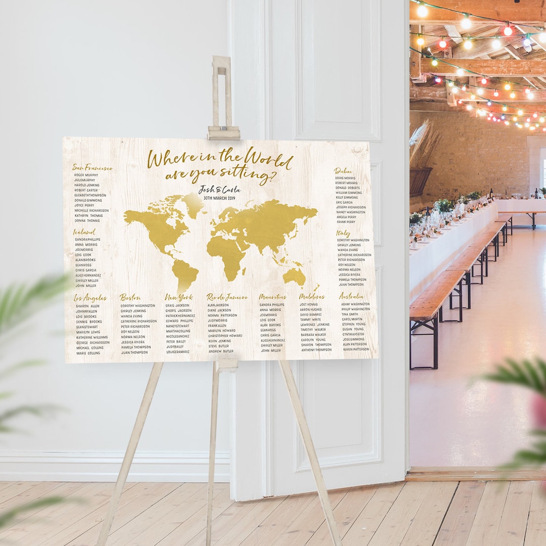 World Map Seating Chart Gold, Travel Theme, Where in the World Are You ...