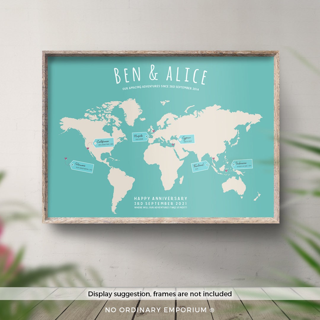 Personalised Journey Map, Anniversary Gift, Our Travels World Print ...