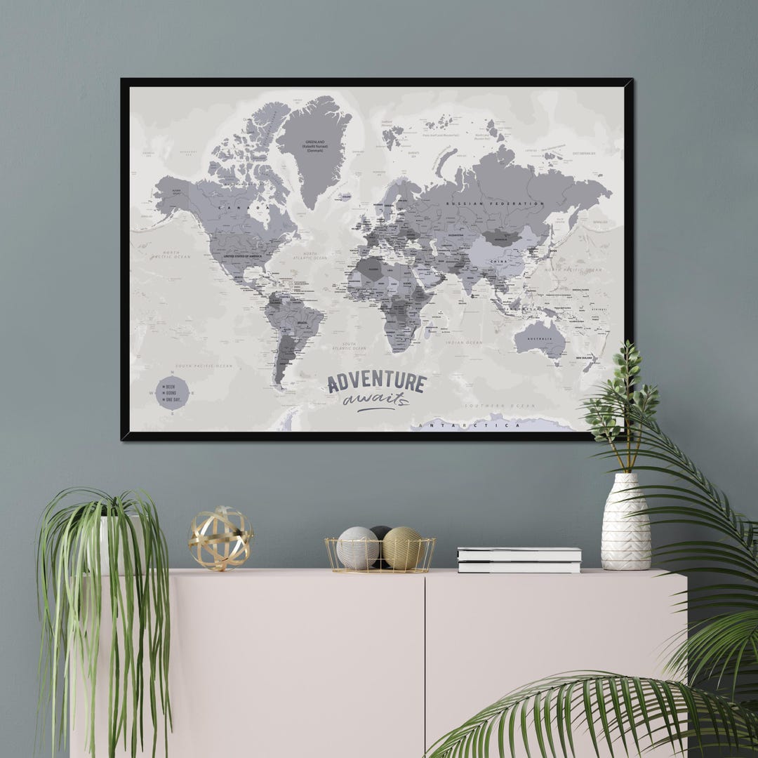 Framed Canvas World Map, Adventure Awaits Push Pin, Detailed World Pin ...