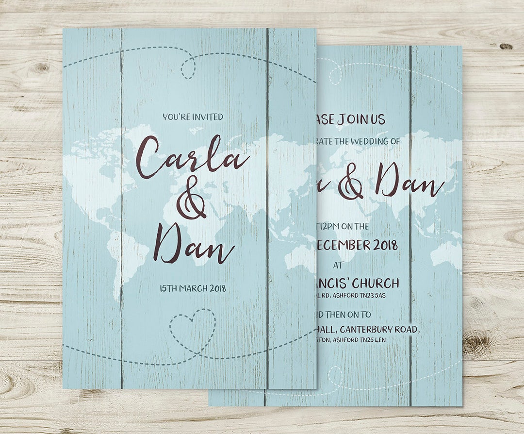 Travel Theme Invitations, Destination Wedding Invitations, World Map ...
