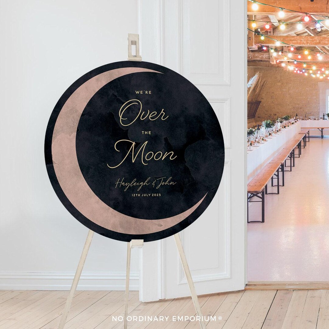 Celestial Crescent Moon Welcome Sign, Jewel Theme, Green Gold Starry ...