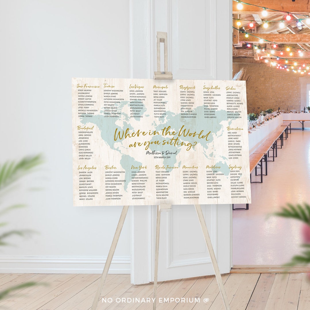 World Map Seating Chart Gold, Travel Theme, Where in the World Are You ...