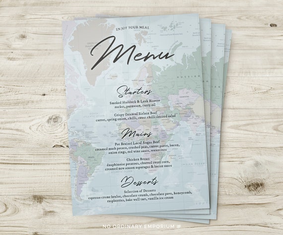 Wedding Menus Map Menu Travel Theme Menu World Map Menu | Etsy UK