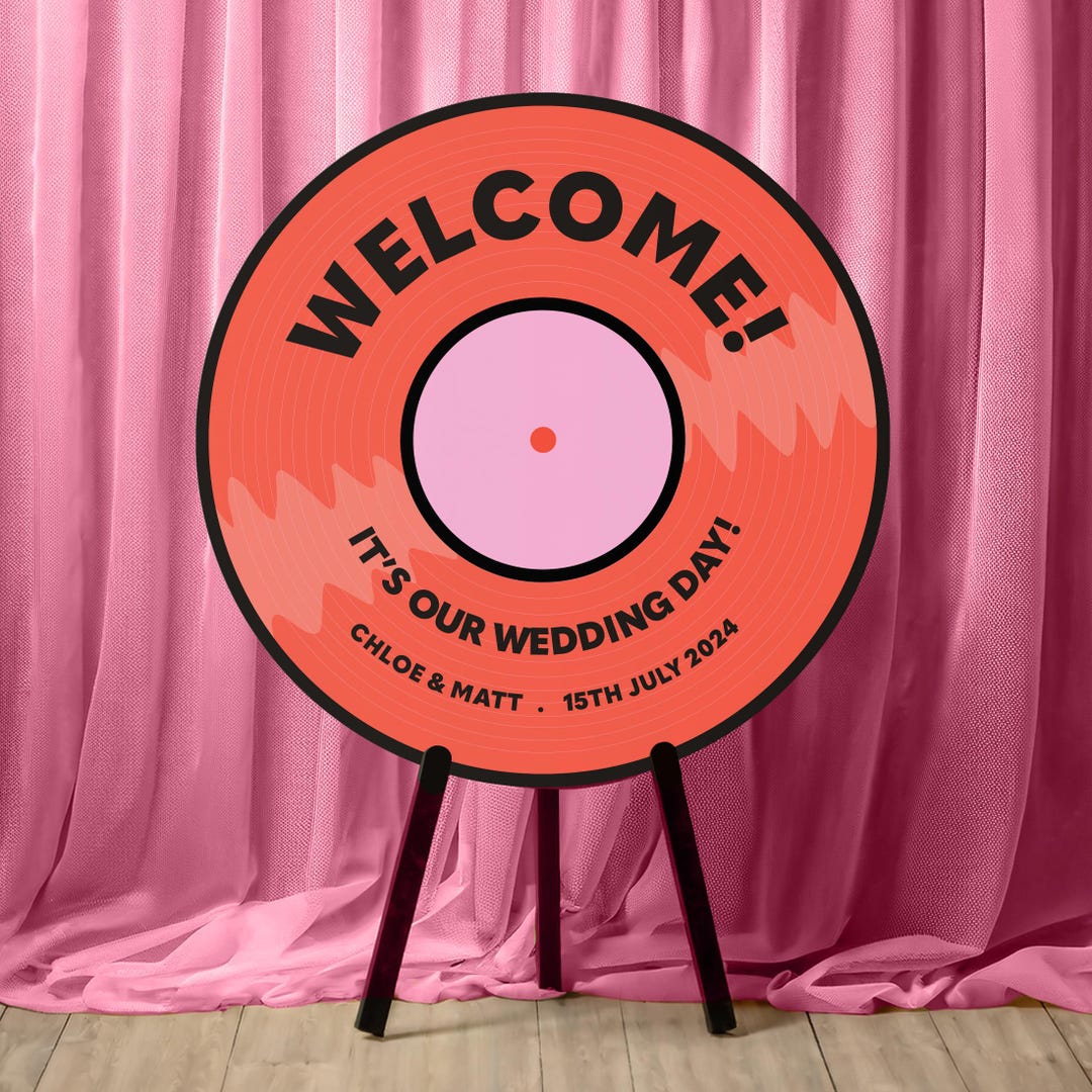 Fun Record Wedding Sign, Alt Wedding Welcome Signage, Colourful Rock N ...