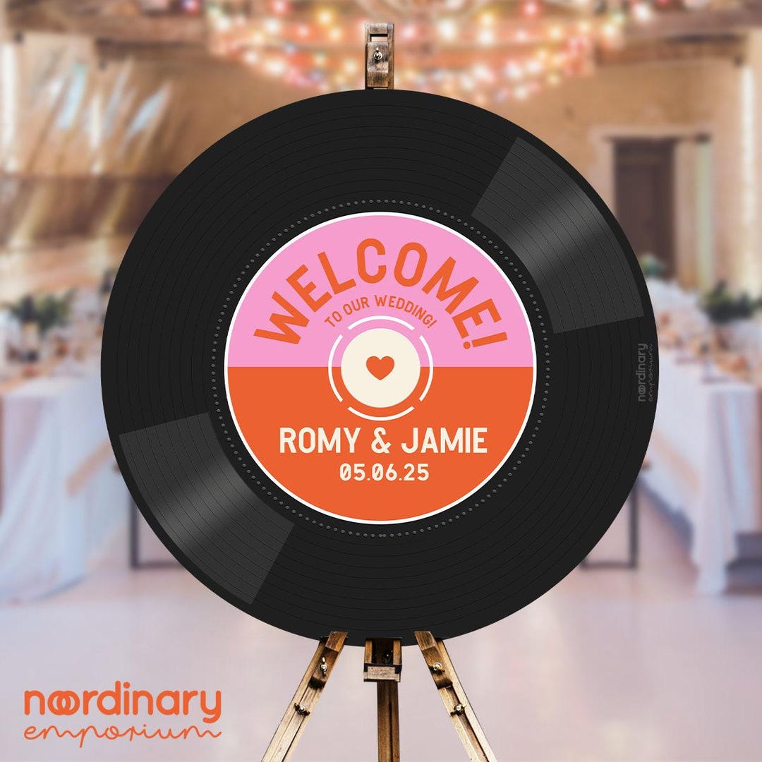 Vinyl Record Label Wedding Welcome Sign, Groovy Funk Soul Wedding Round ...