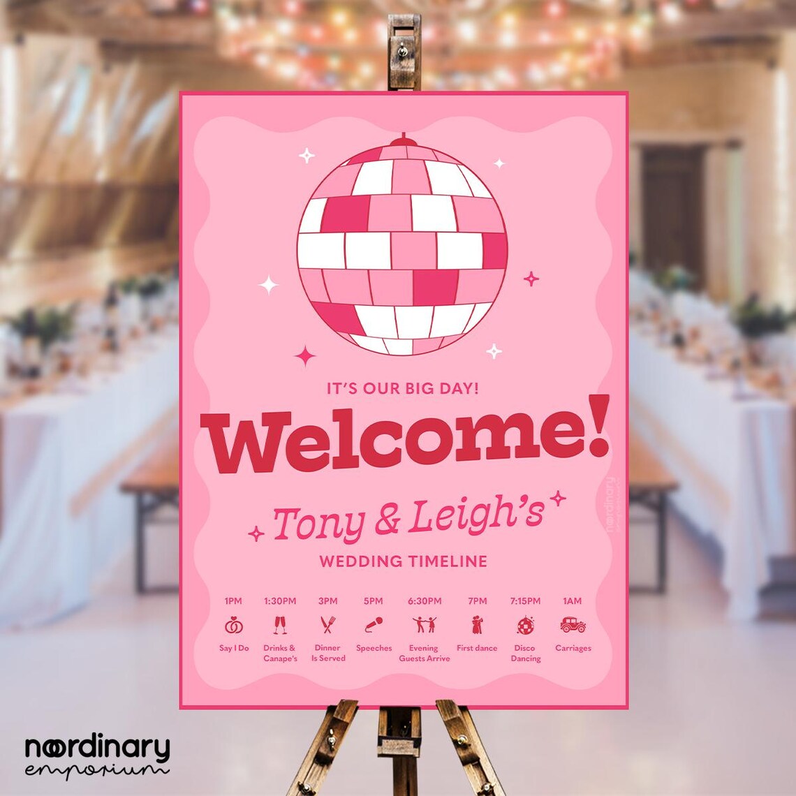 Funky Pink & Red Disco Wedding Welcome Timeline Sign, Quirky Order of ...