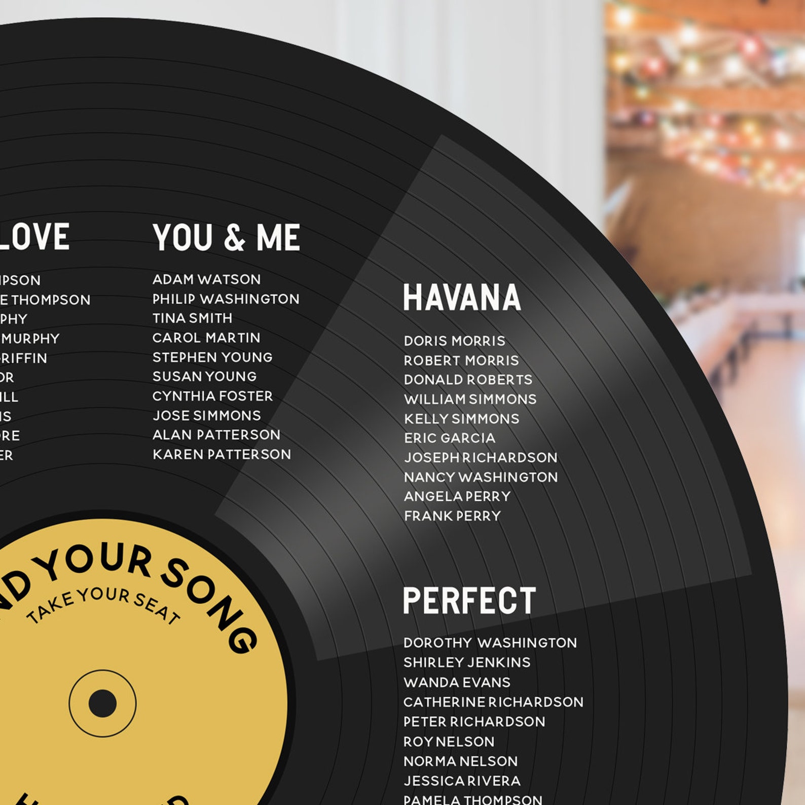 Music Theme Wedding Seating Chart, Record Shape Table Plan, DJ Dance ...