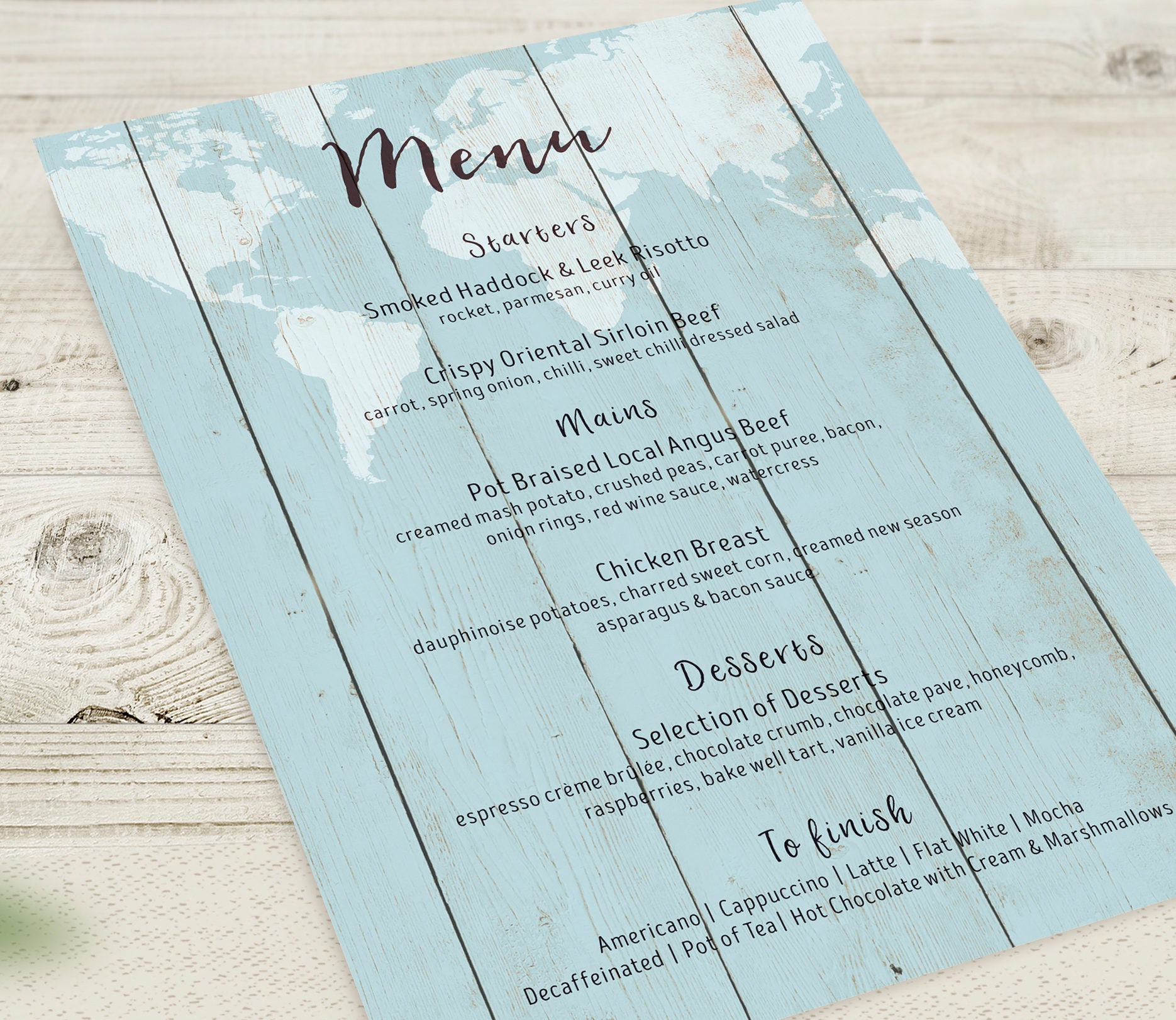 Blue Wedding Menus, Travel Theme Menu, World Map Menu, Rustic Wedding ...
