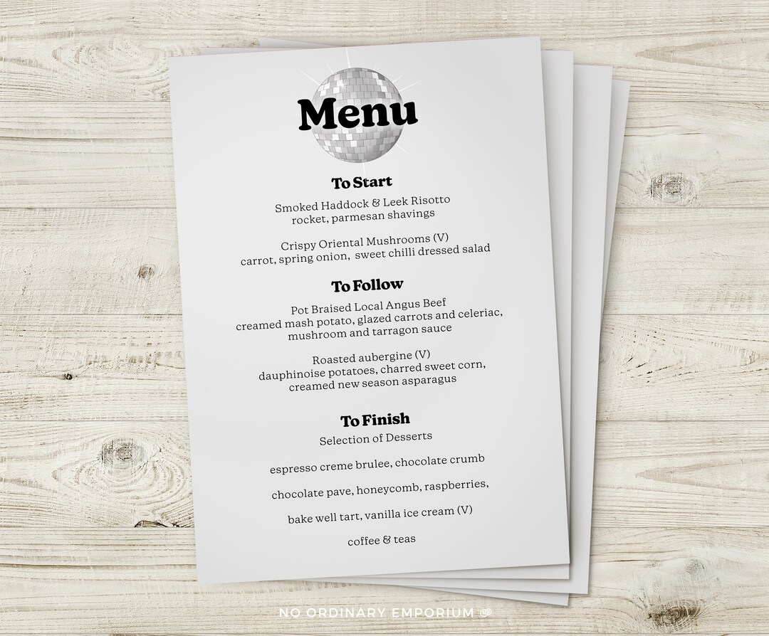 Disco Wedding Menus, Retro Theme Wedding, Music Lovers Wedding Decor ...