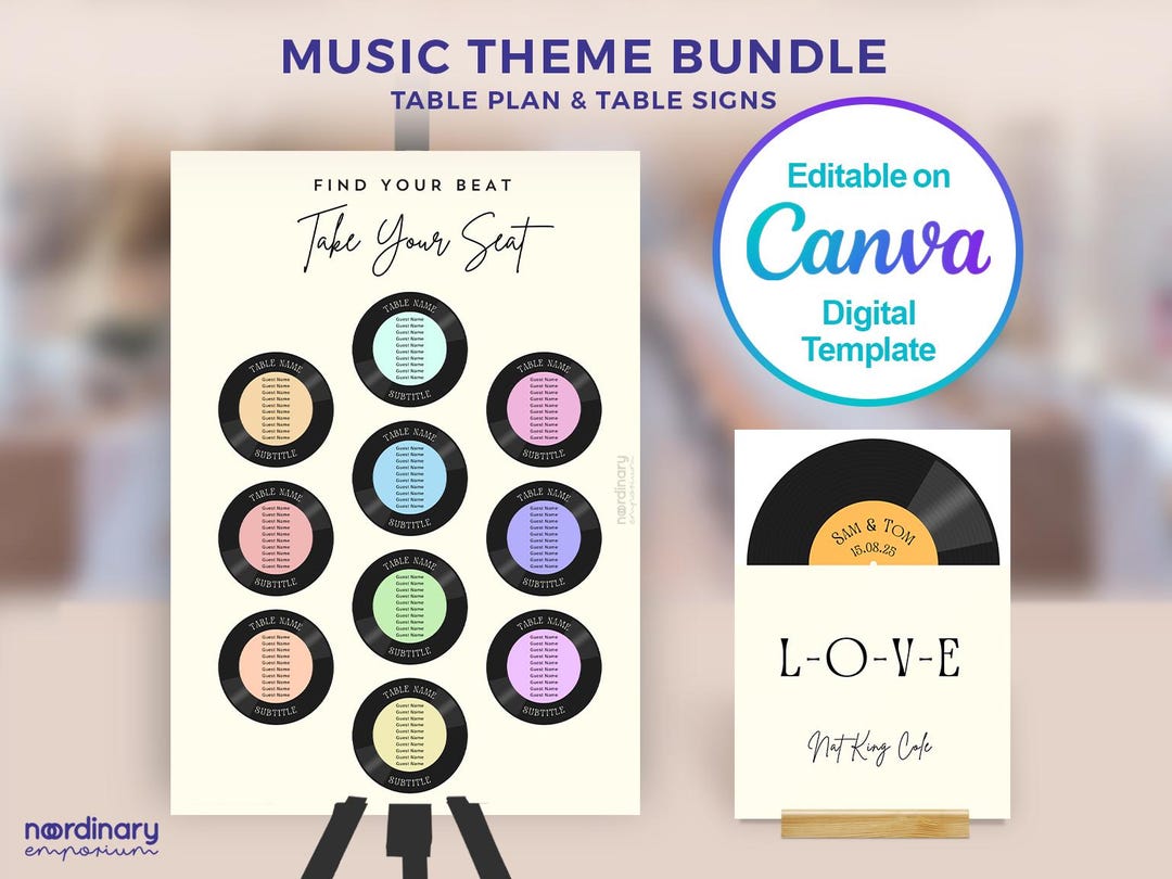 CANVA EDITABLE DIGITAL Bundle, Vinyl Record Table Plan, Table Name ...