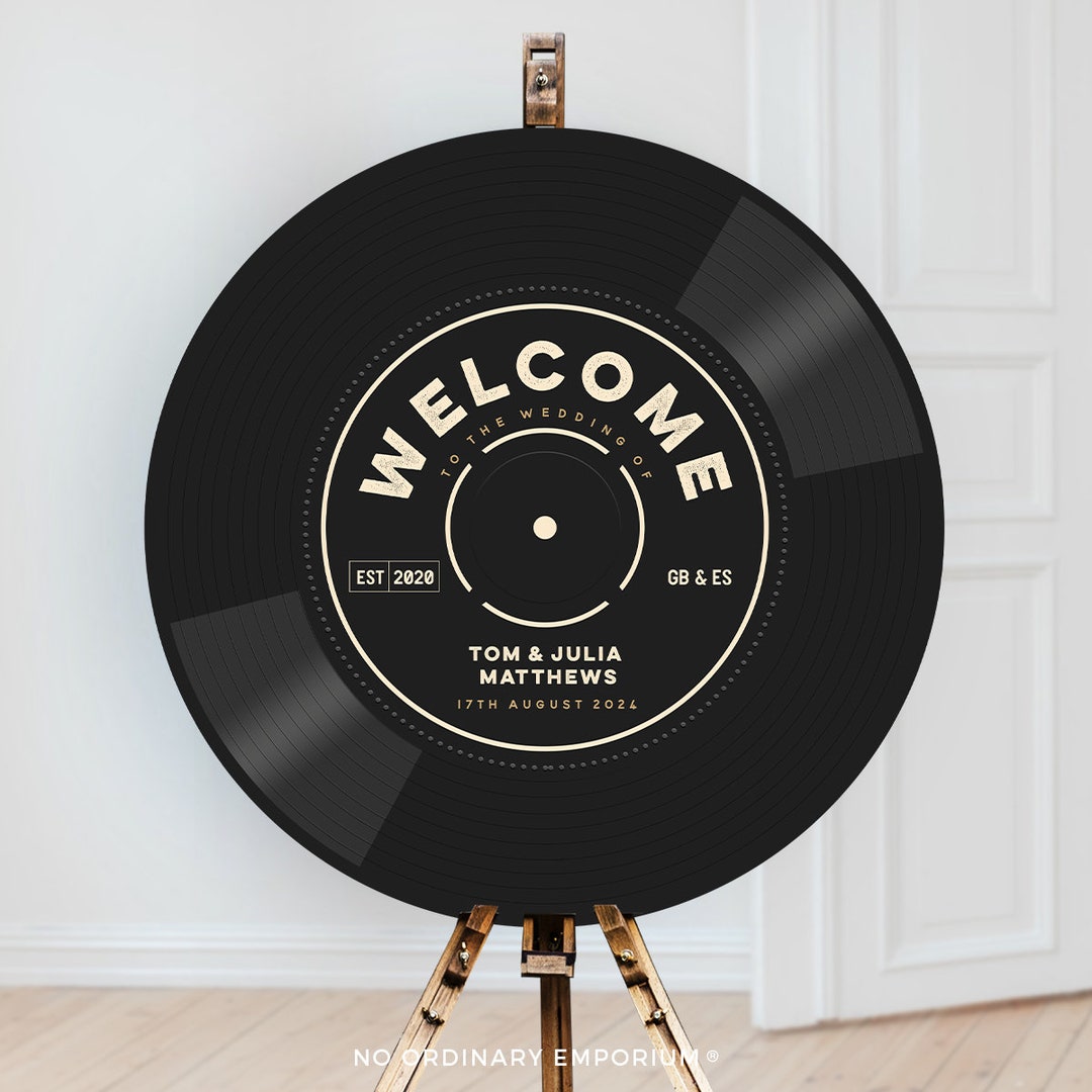 Vinyl Record Label Wedding Welcome Sign, Groovy Funk Soul Wedding Round ...